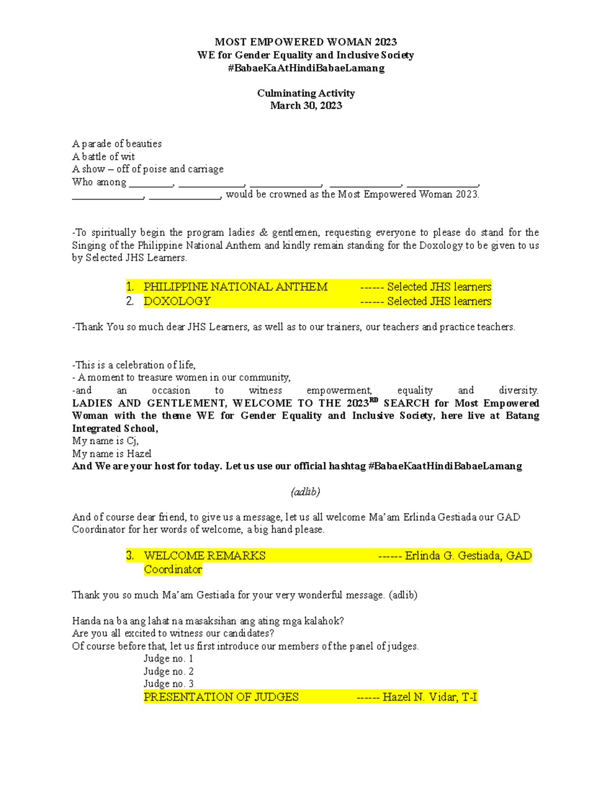 Emcee Script for MEW 2023: Search for the Most Empowered Woman - Studocu