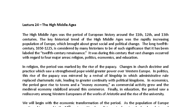Lecture 24: Economic & Educational Changes in the High Middle Ages ...