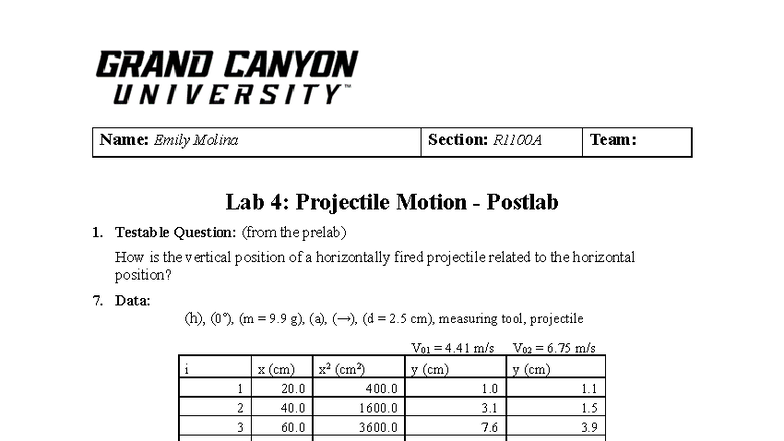 Lab 4: Projectile Motion Postlab Analysis - PHYS R1100A - Studocu