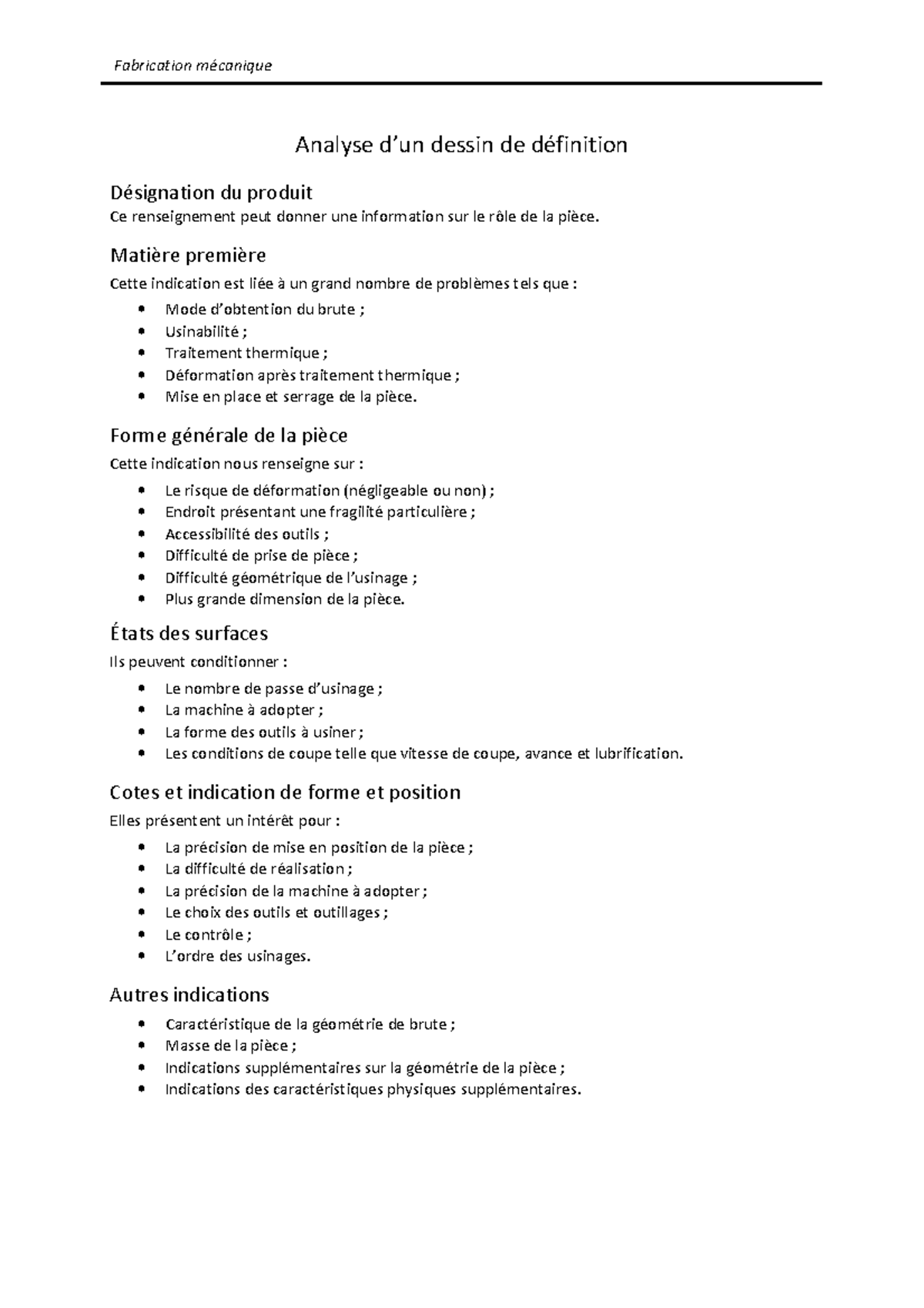 Analyse d'un dessin de définition en fabrication mécanique - Studocu