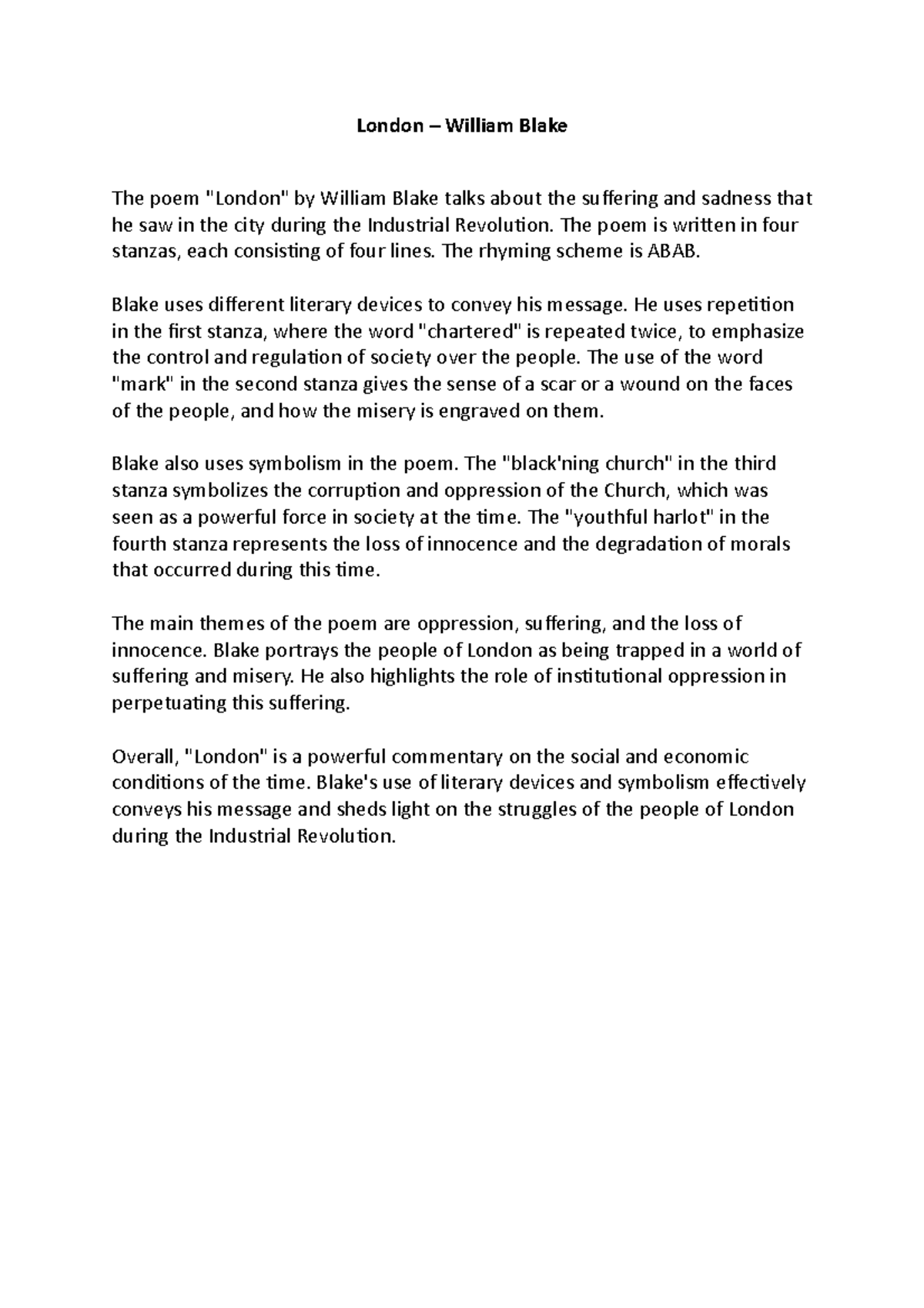 London - William Blake - London – William Blake The poem "London" by ...