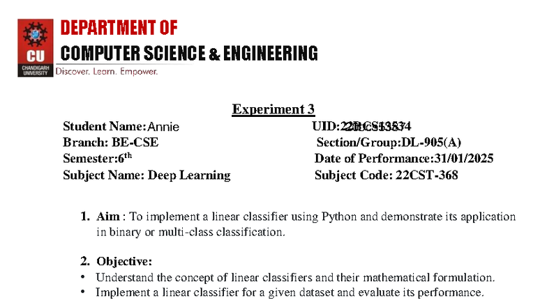 DL 3 Experiment: Implementing Linear Classifiers in Python - Studocu