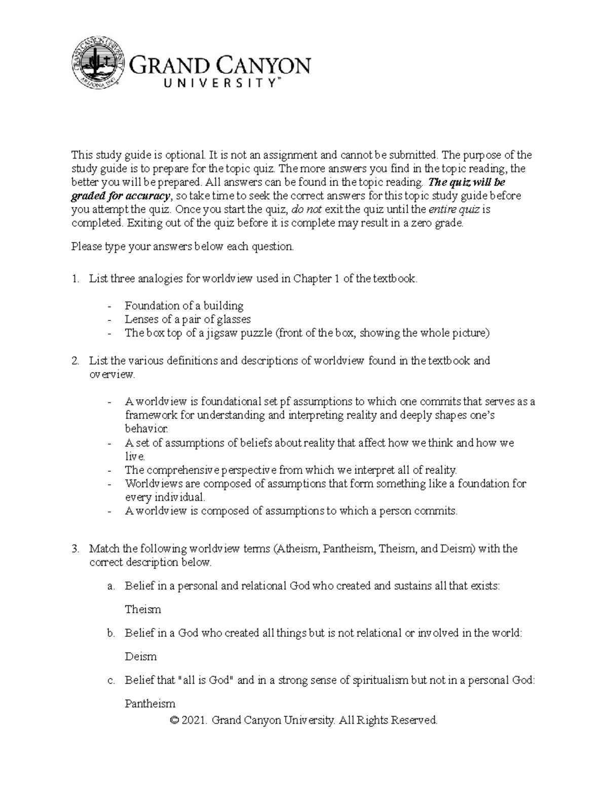 Topic 1 Study Guide: Preparing for the Worldview Quiz - Studocu