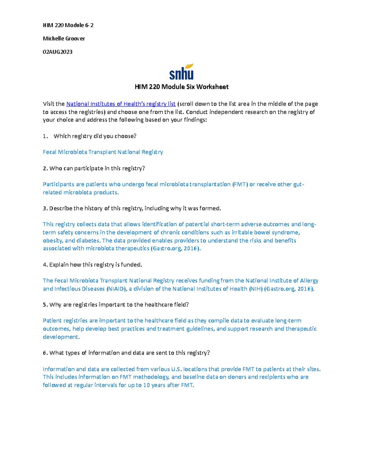 HIM 220 Module 6 National Registry Worksheet on Fecal Microbiota ...