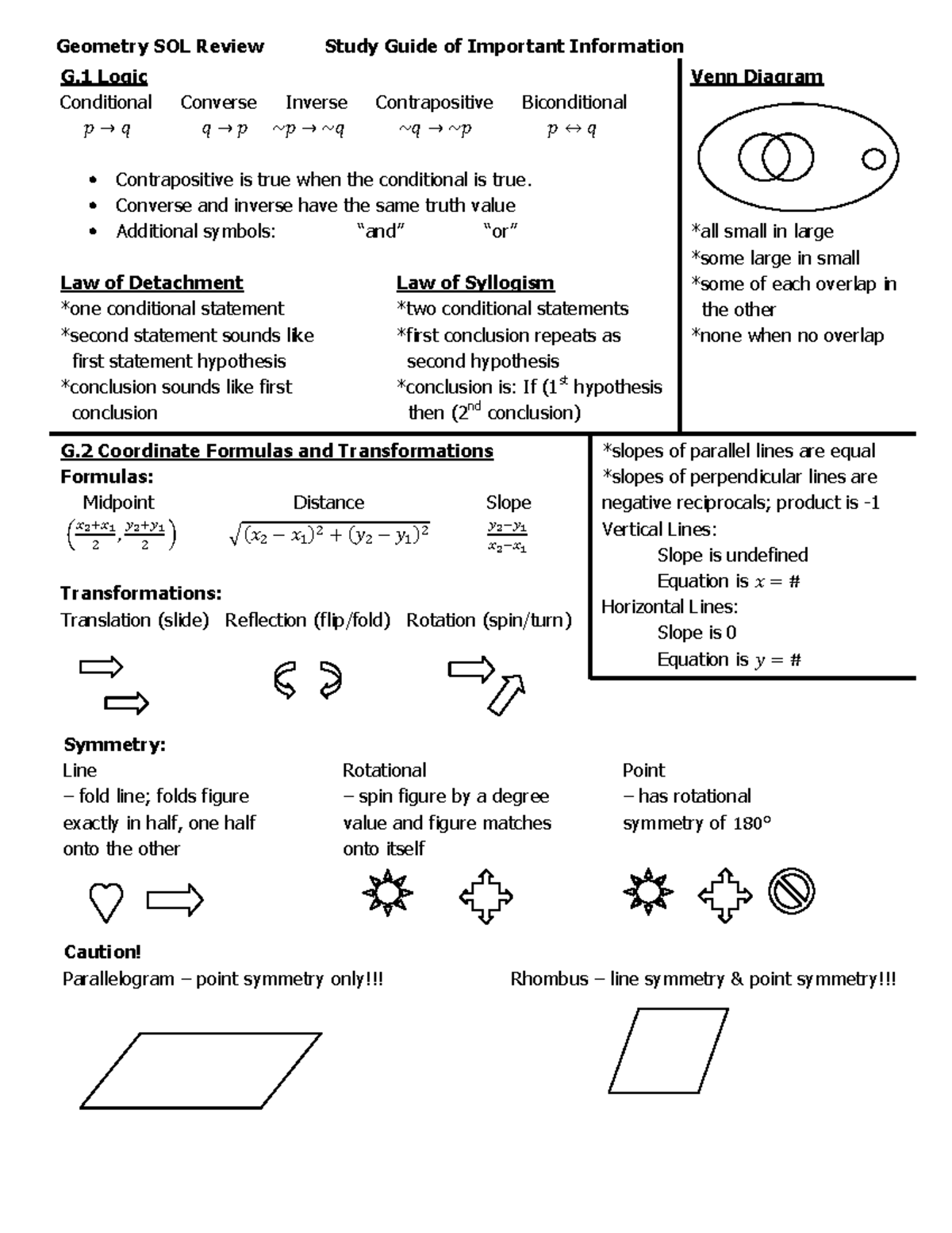 Geometry SOL Review Study Guide: Logic, Angles, Triangles & Circles ...