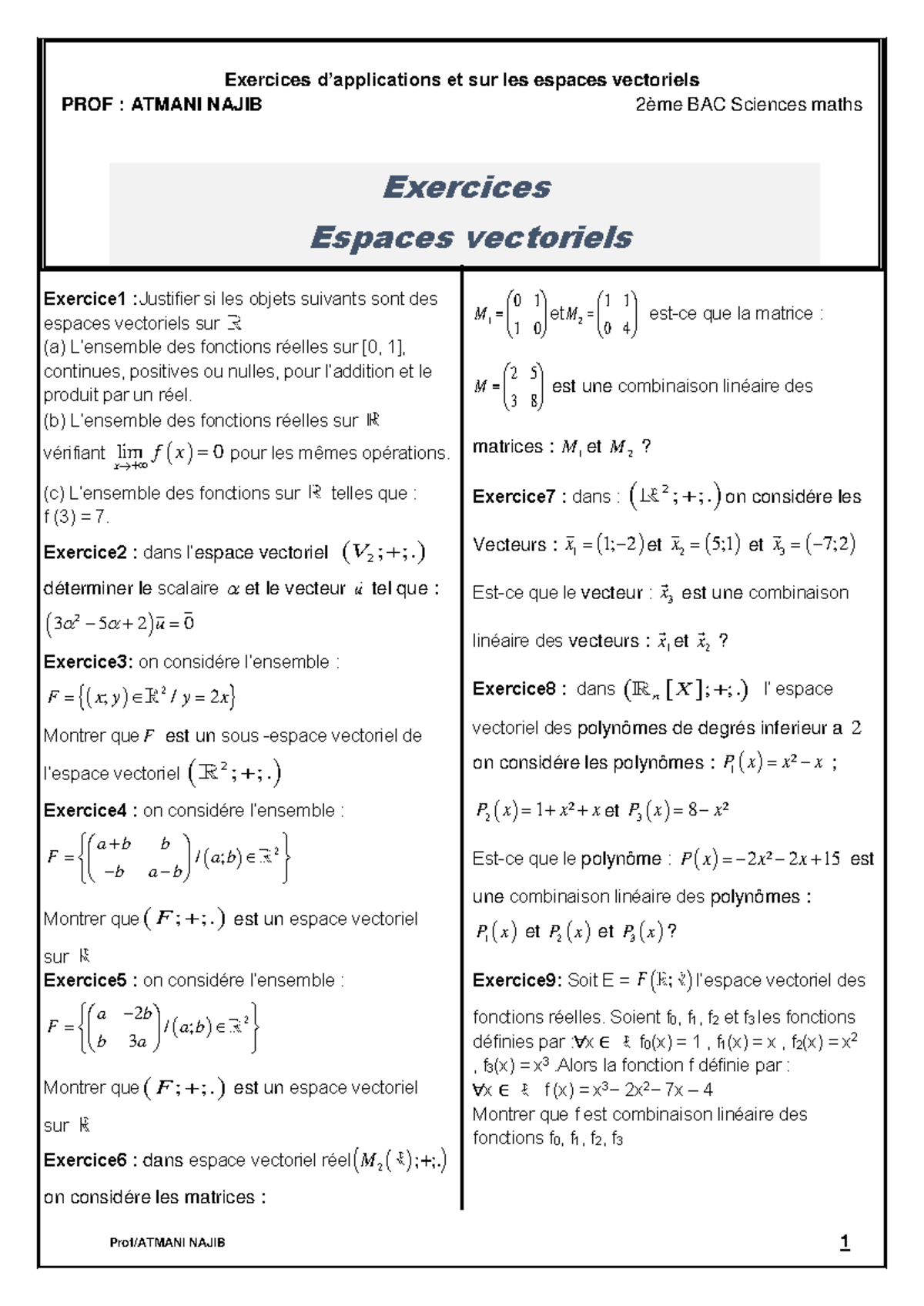 Exercices Espaces vectoriels - Exercices d’applications et sur les ...