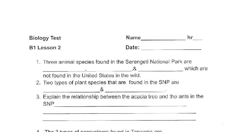 Biology 1 Lesson 2 Test: Serengeti Ecosystem Insights - Studocu