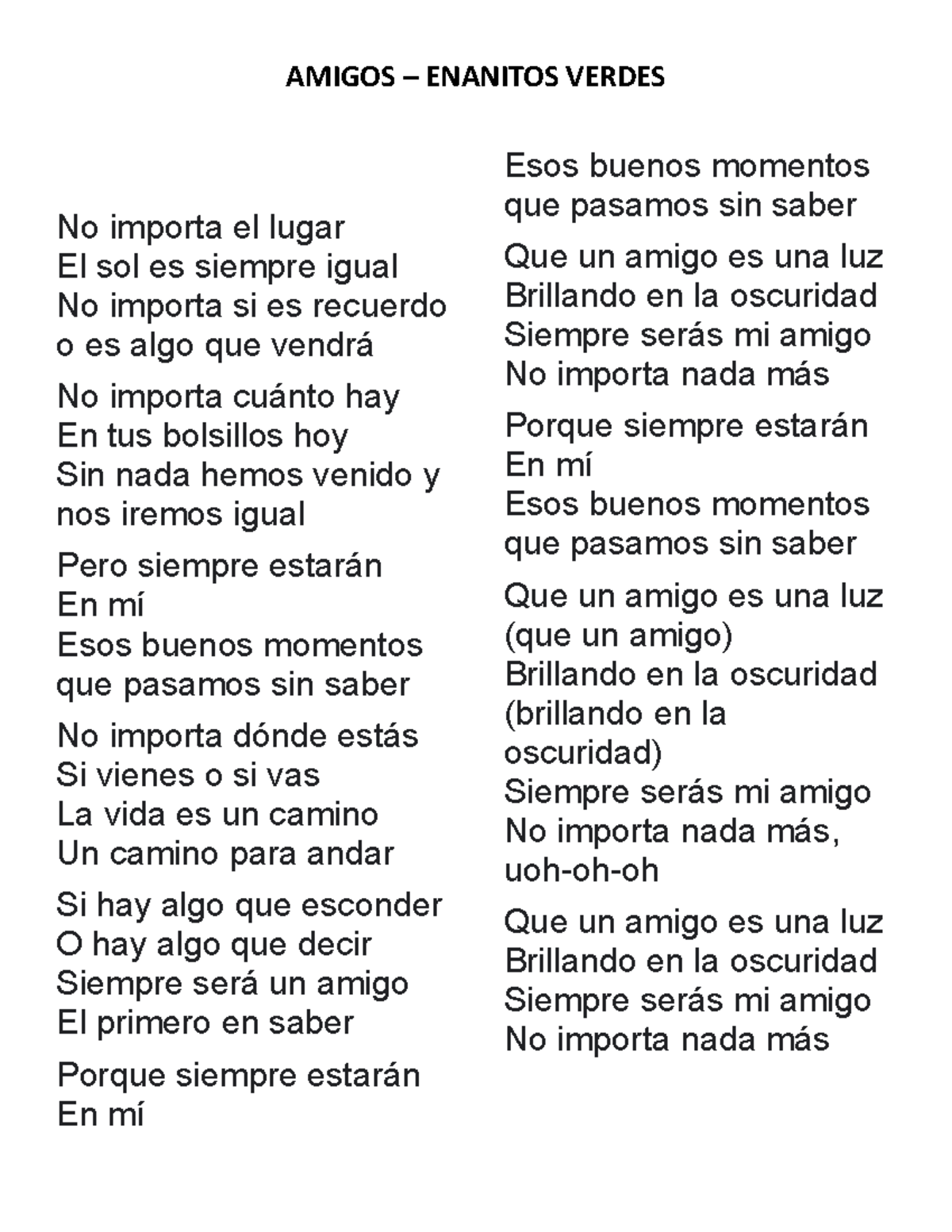 Canciones sobre la Amistad - Análisis y Letras - Studocu