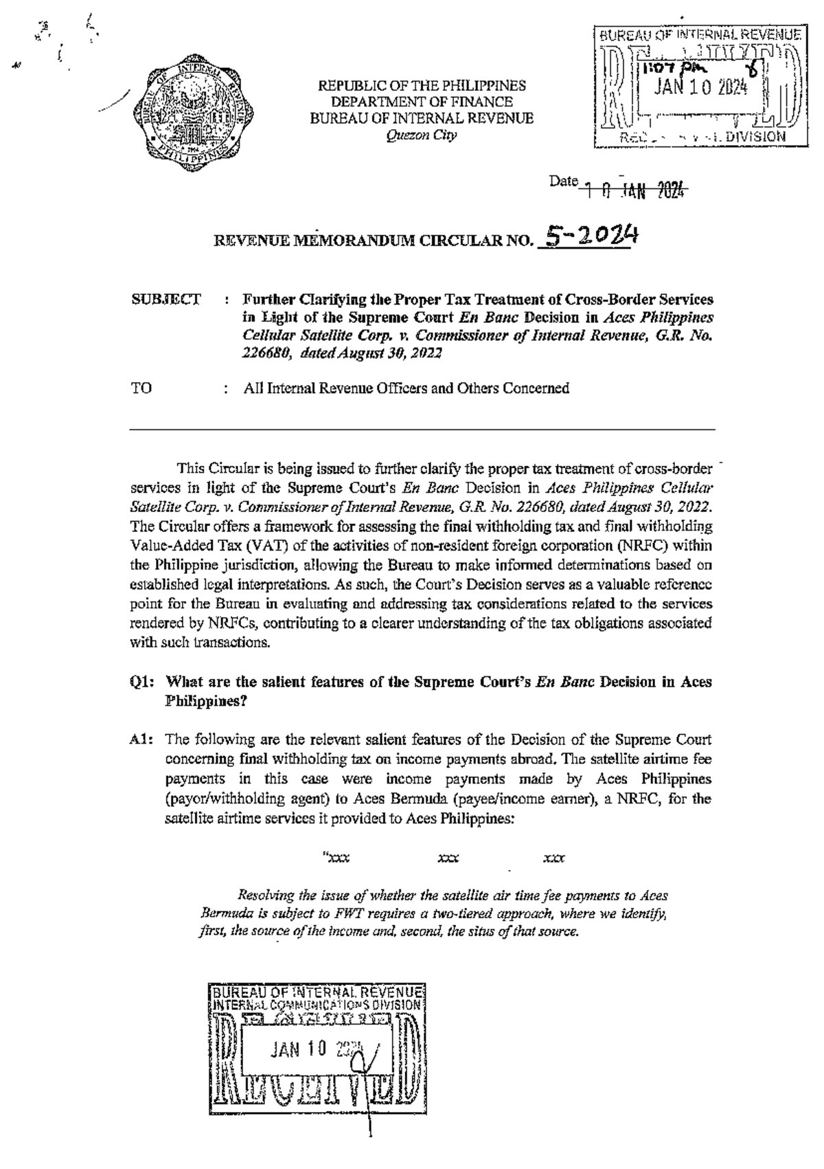 RMC No. 5-2024 - revenue memorandum circulars number 5 - BUREAU OF ...