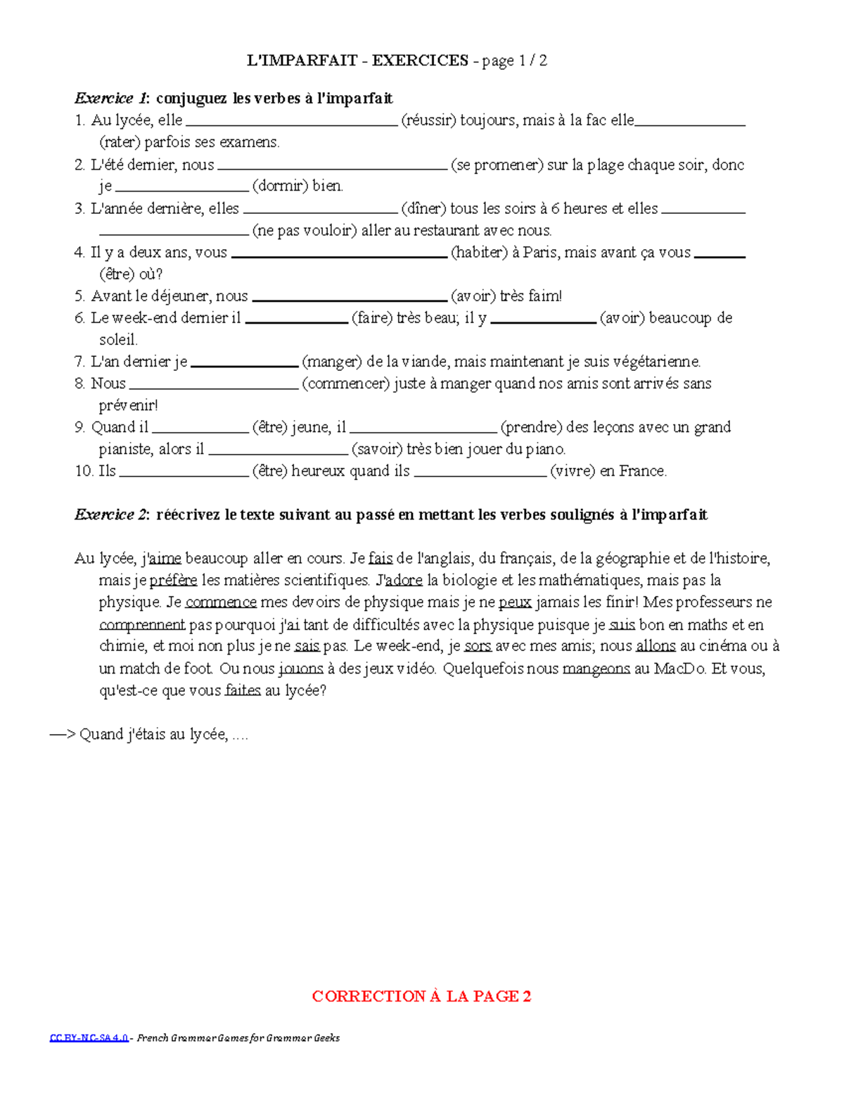 Imparfait Exercises - Conjugaison & Réécriture - French Grammar CC BY ...