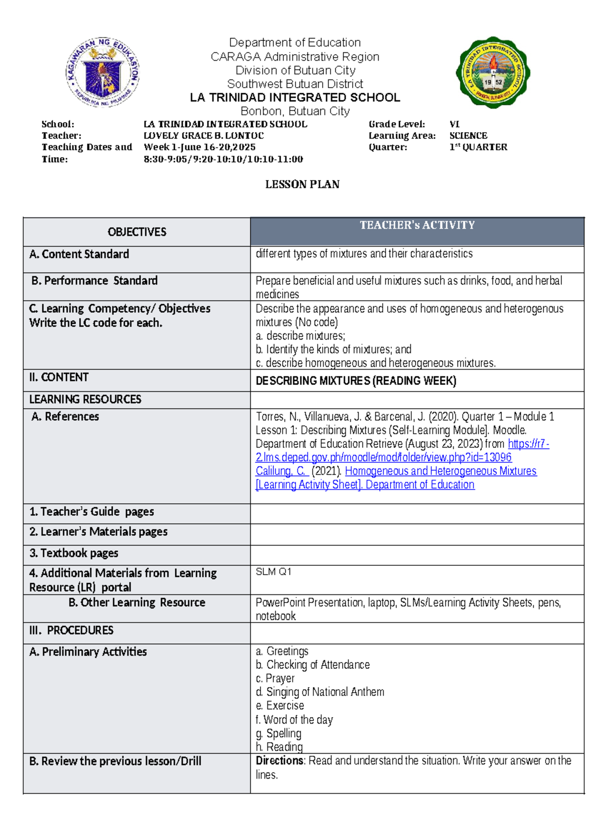 VI Science 1st Quarter Lesson Plan: Describing Mixtures - Studocu