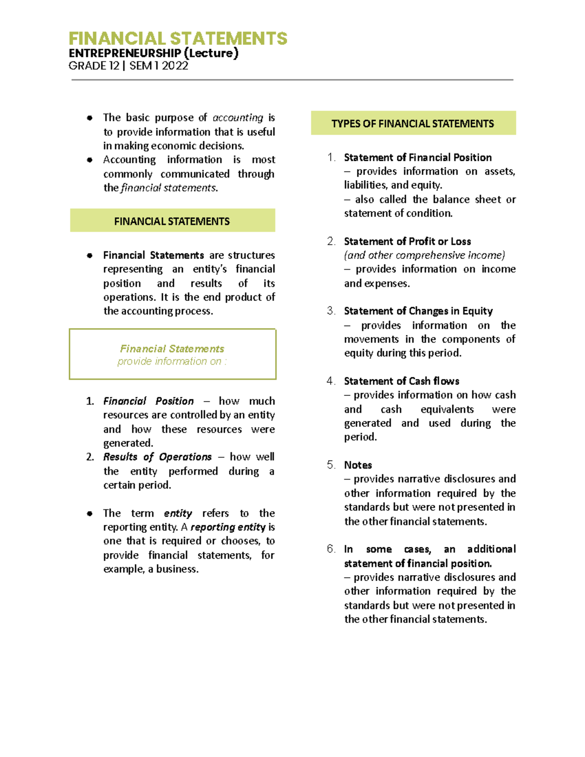 FINANCIAL STATEMENTS ENTREPRENEURSHIP GRADE 12 SEM 1 NOTES - Studocu