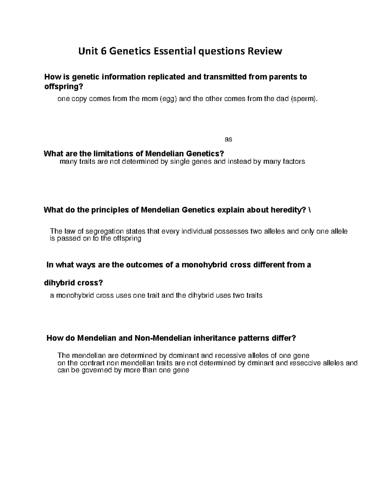 Copy of Unit 6 Genetics Essential questions Review - Unit 6 Genetics ...