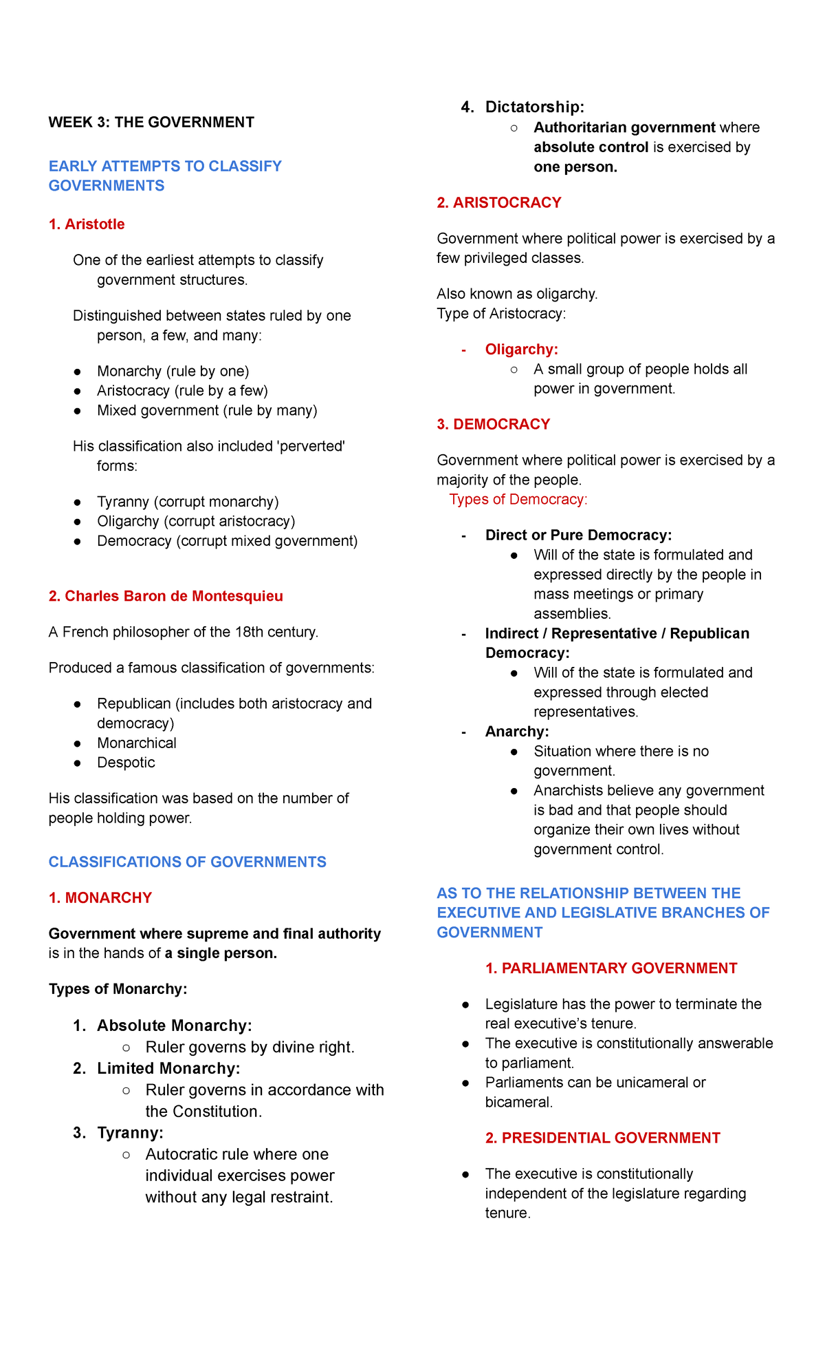 W3: Classifications of Governments and Their Structures - Studocu