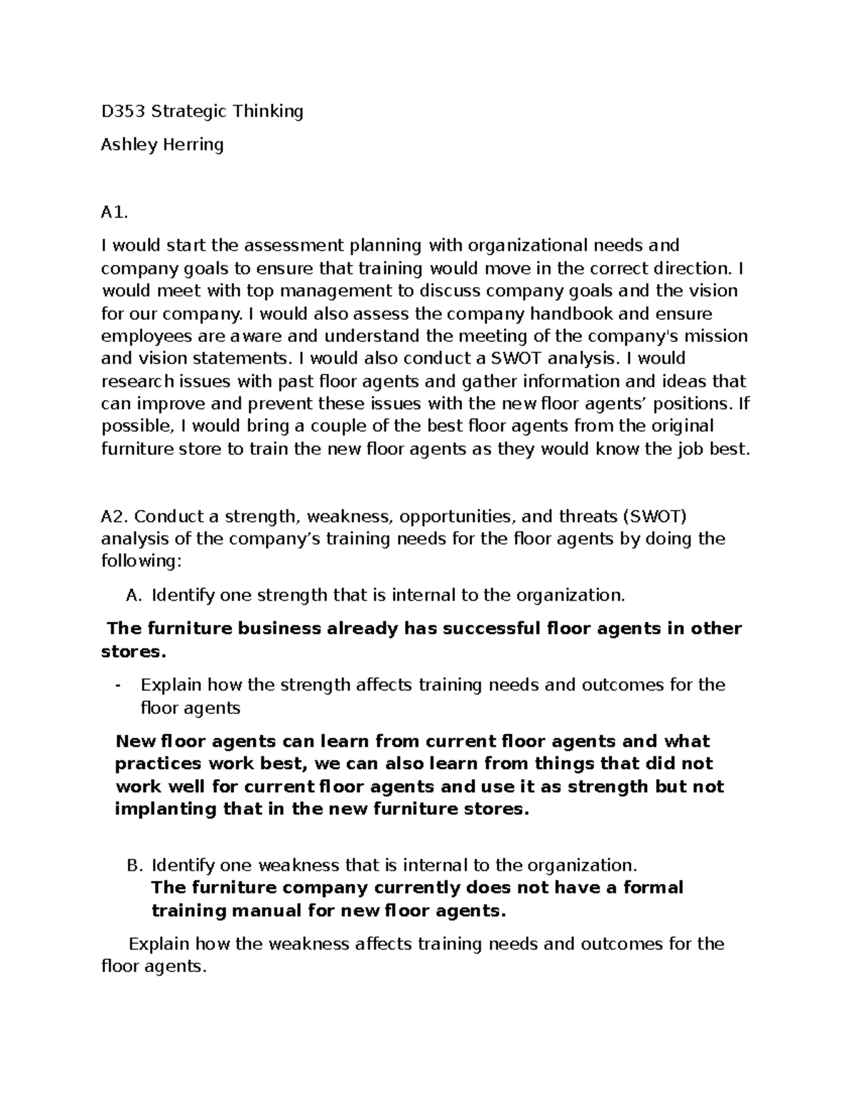 D353task1 - passed first attempt - D353 Strategic Thinking Ashley ...