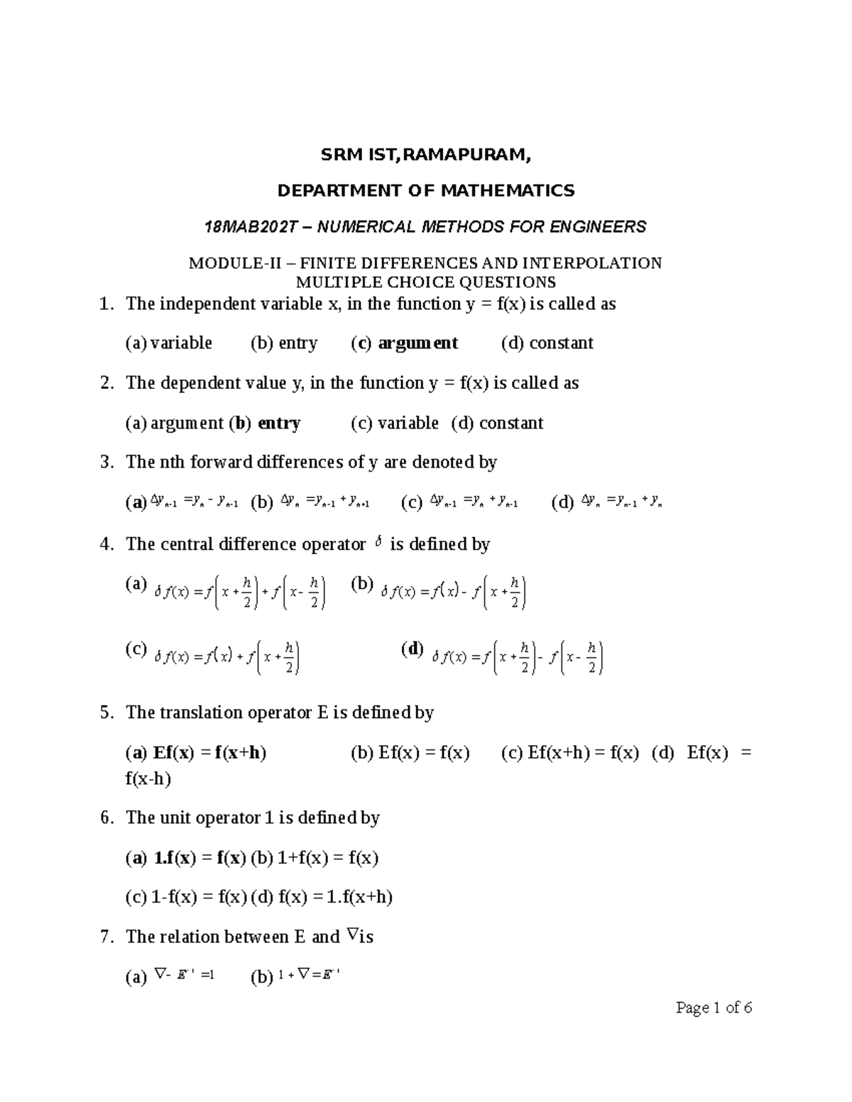 18MAB202T - Numerical Methods Module II: Finite Differences MCQs - Studocu