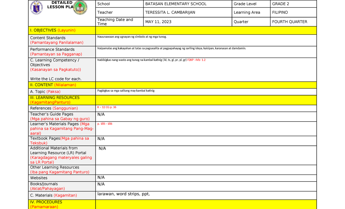 COT Filipino DIS-2 - Detailed Lesson Plan for Grade 2 - Studocu
