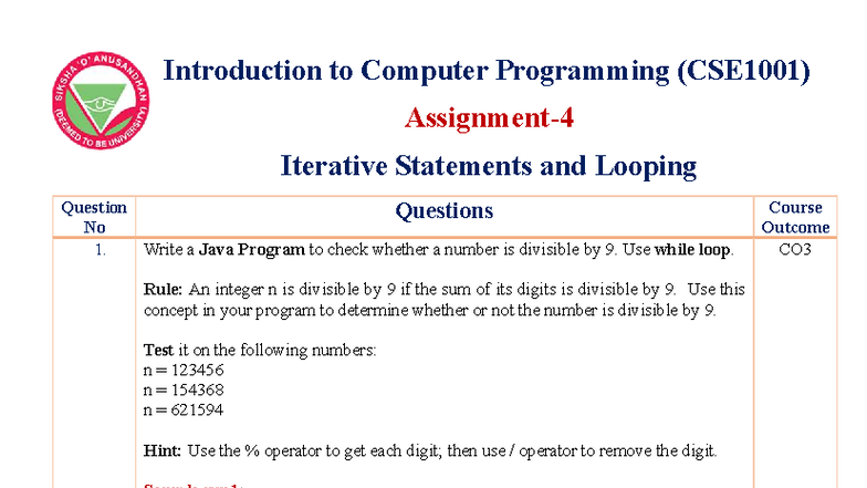 Java Programming Assignments (CSE1001) on Loops and Iterations - Studocu