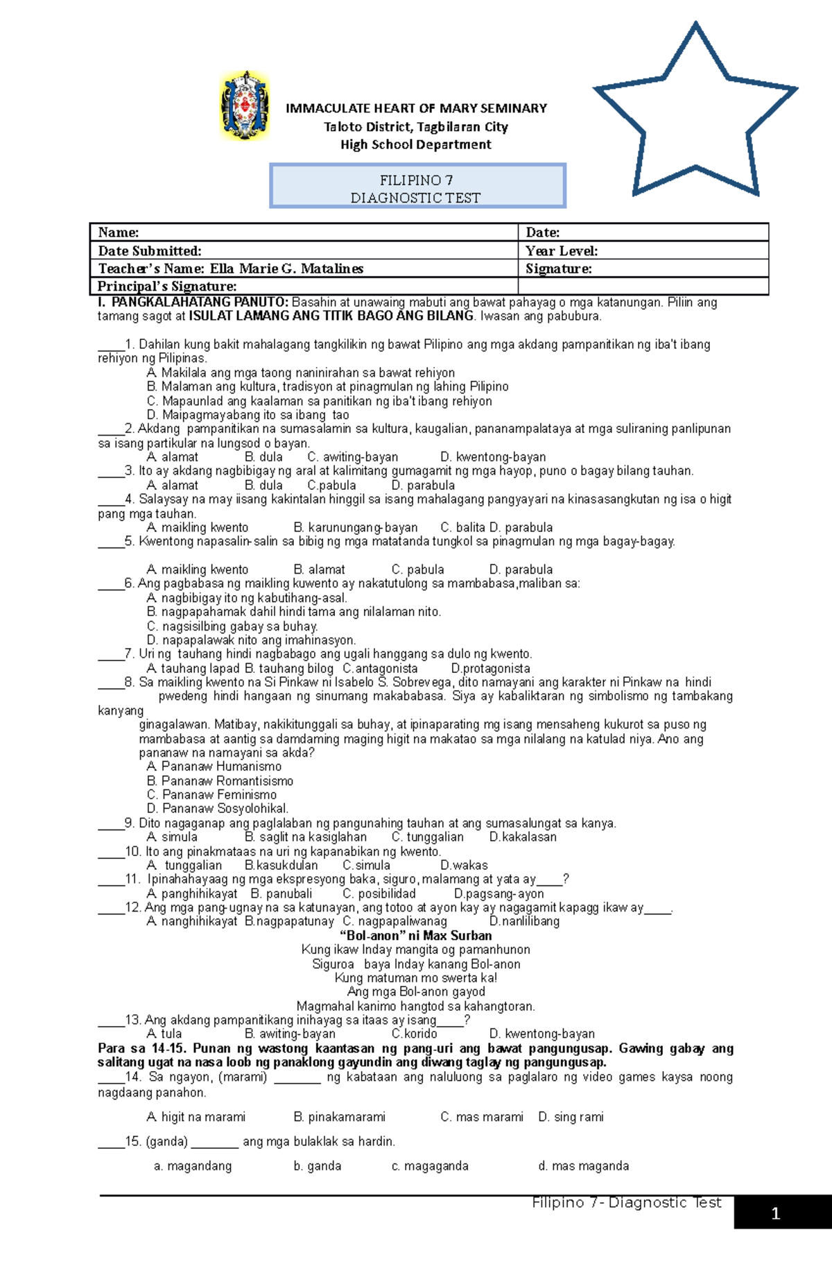 Filipino 7 - Diagnostic Test for High School Students - Studocu