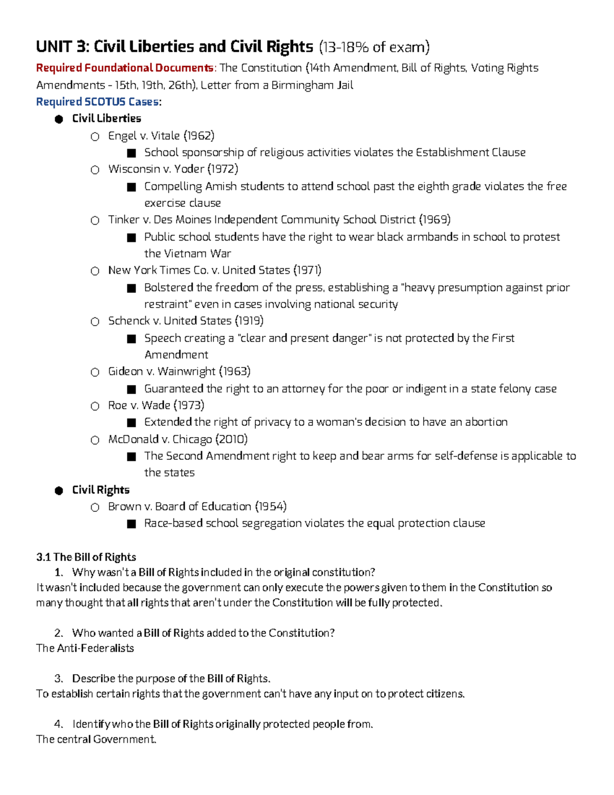 Civil Liberties & Rights - Unit 3 Review Guide for AP Gov - Studocu