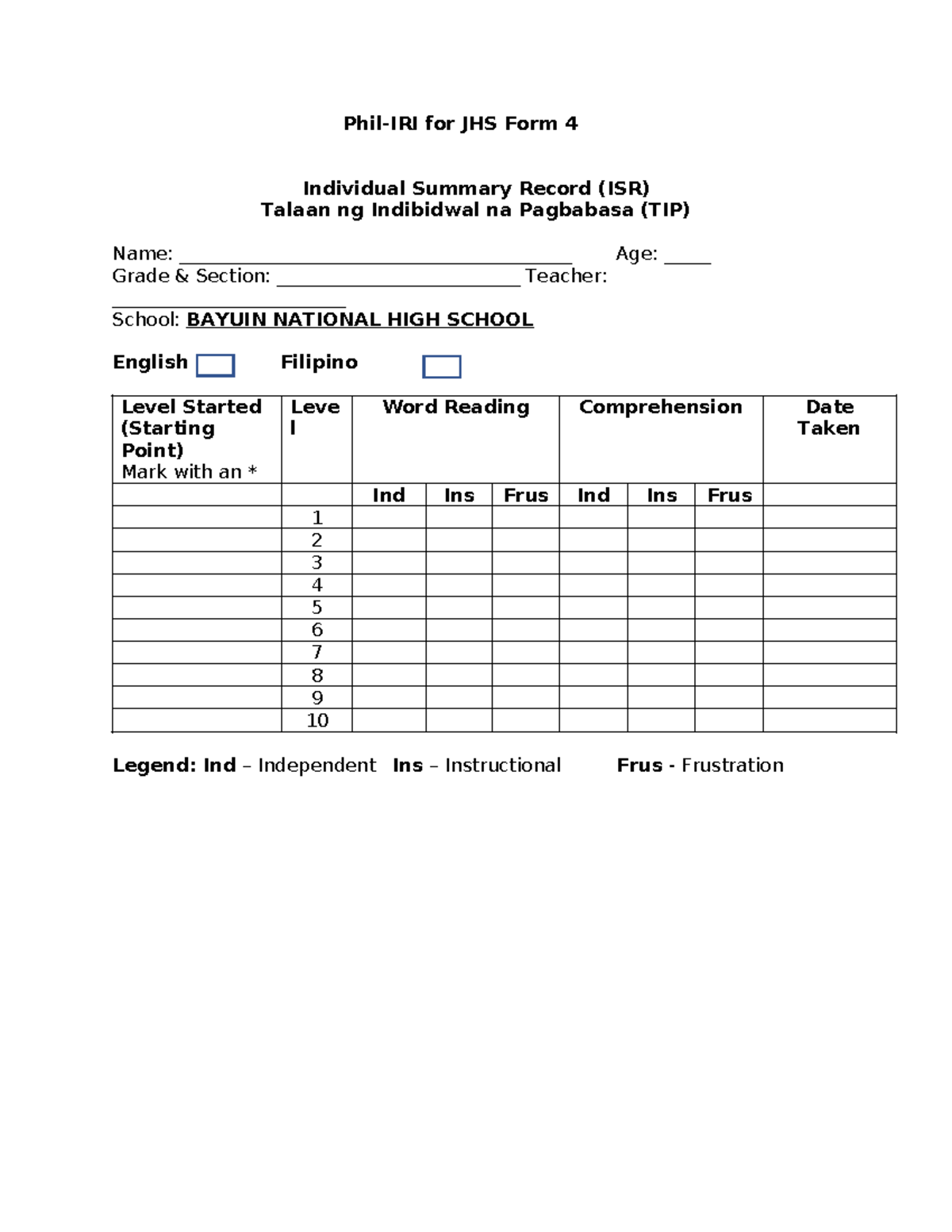 Phil-IRI Forms for JHS Form 4 Individual Summary Record - Studocu