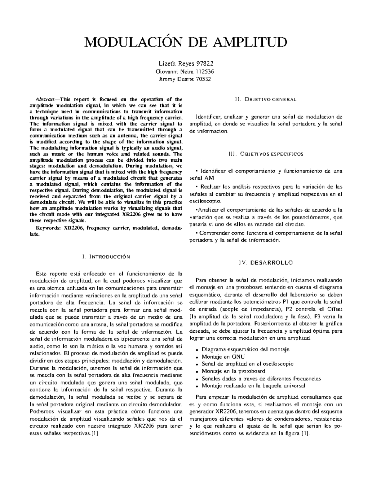 Modulacion de Amplitud - MODULACI ́ON DE AMPLITUD Lizeth Reyes 97822 Giovanni Neira 112536 Jimmy ...