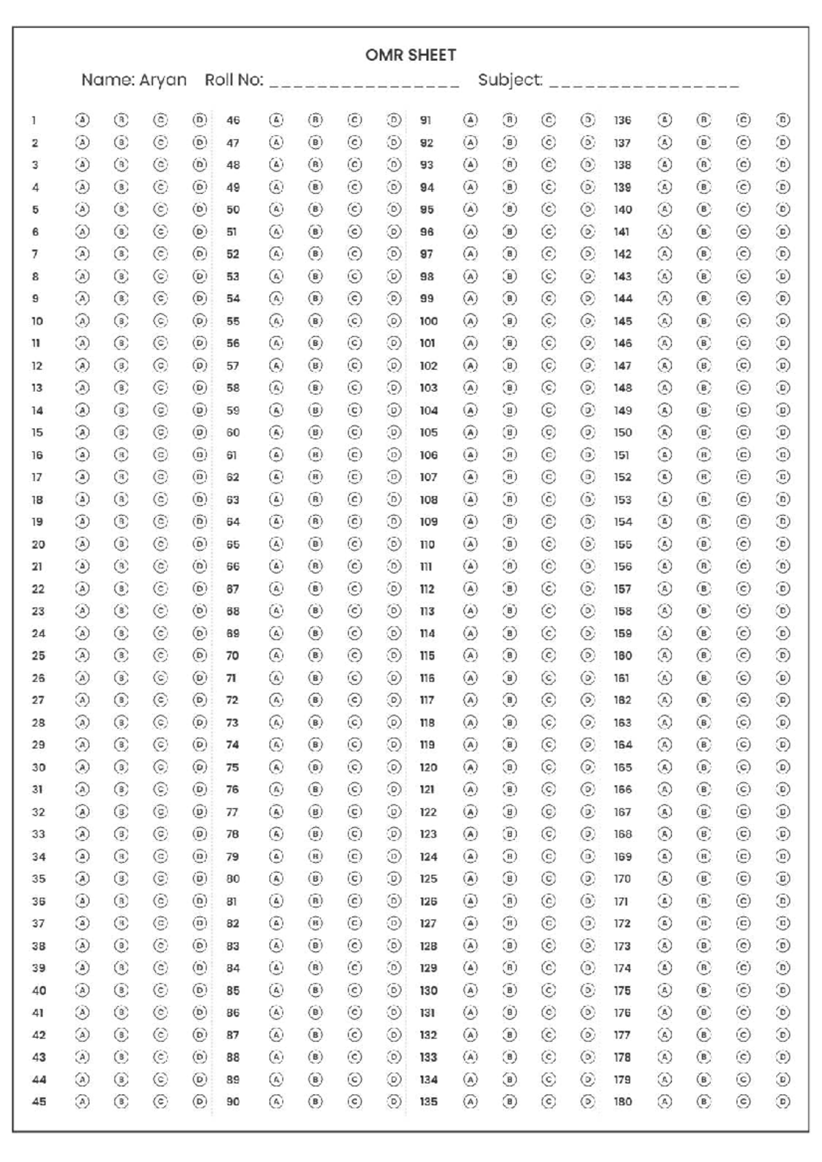 OMR Sheet for Subject 1 - Student Aryan (Roll No: ) - Studocu