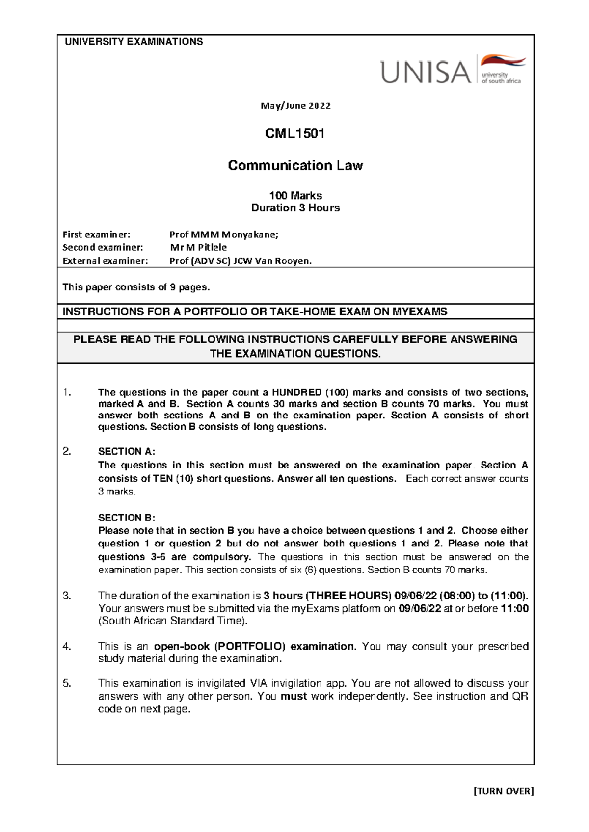CML 1501 June 2022 Exam Paper: Communication Law - 100 Marks - Studocu