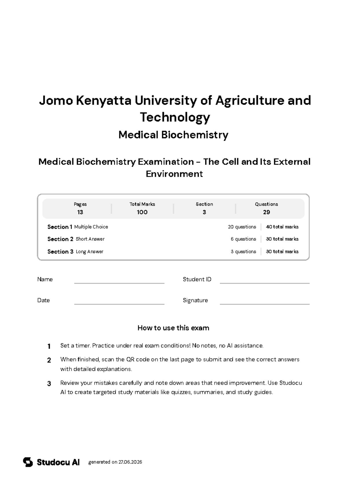 Medical Biochemistry Exam - The Cell and Its Environment - Studocu