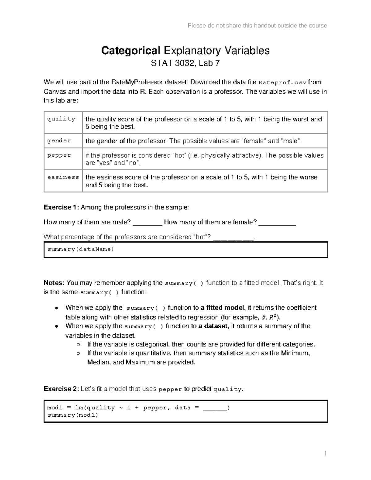 STAT 3032 Lab 7 Worksheet: Categorical Explanatory Variables - Studocu