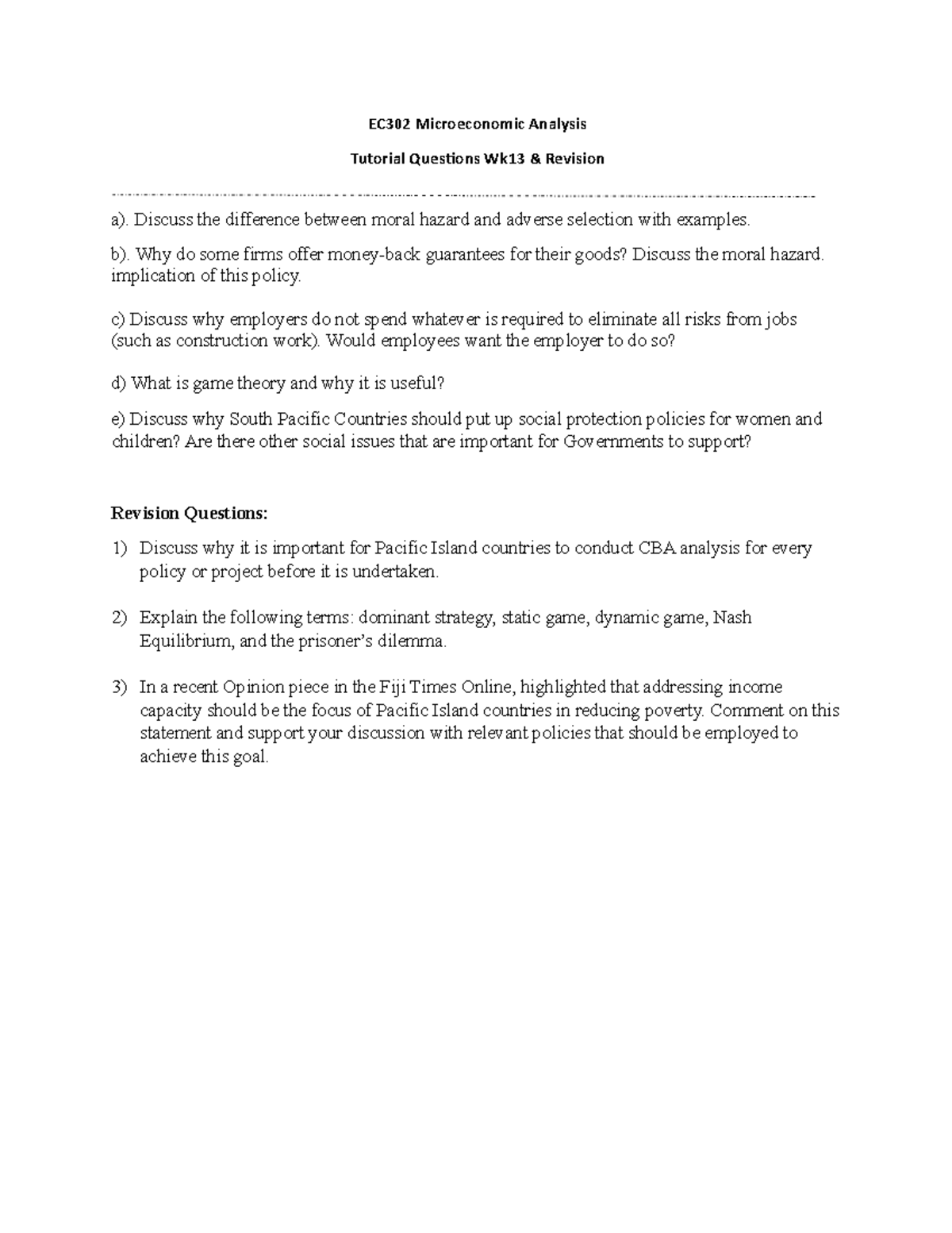 EC302 Microeconomic Analysis Tutorial Questions & Revision Wk13 - Studocu