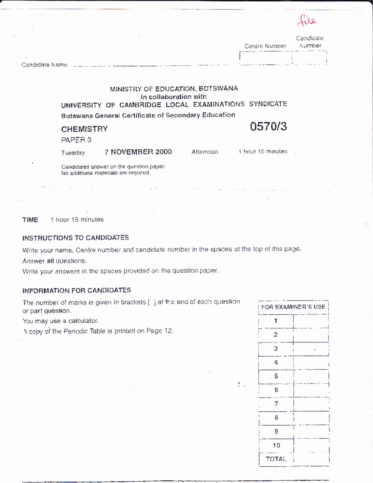 CHEMISTRY 0570/ Paper 3 Exam: November 2000 Candidate Instructions ...