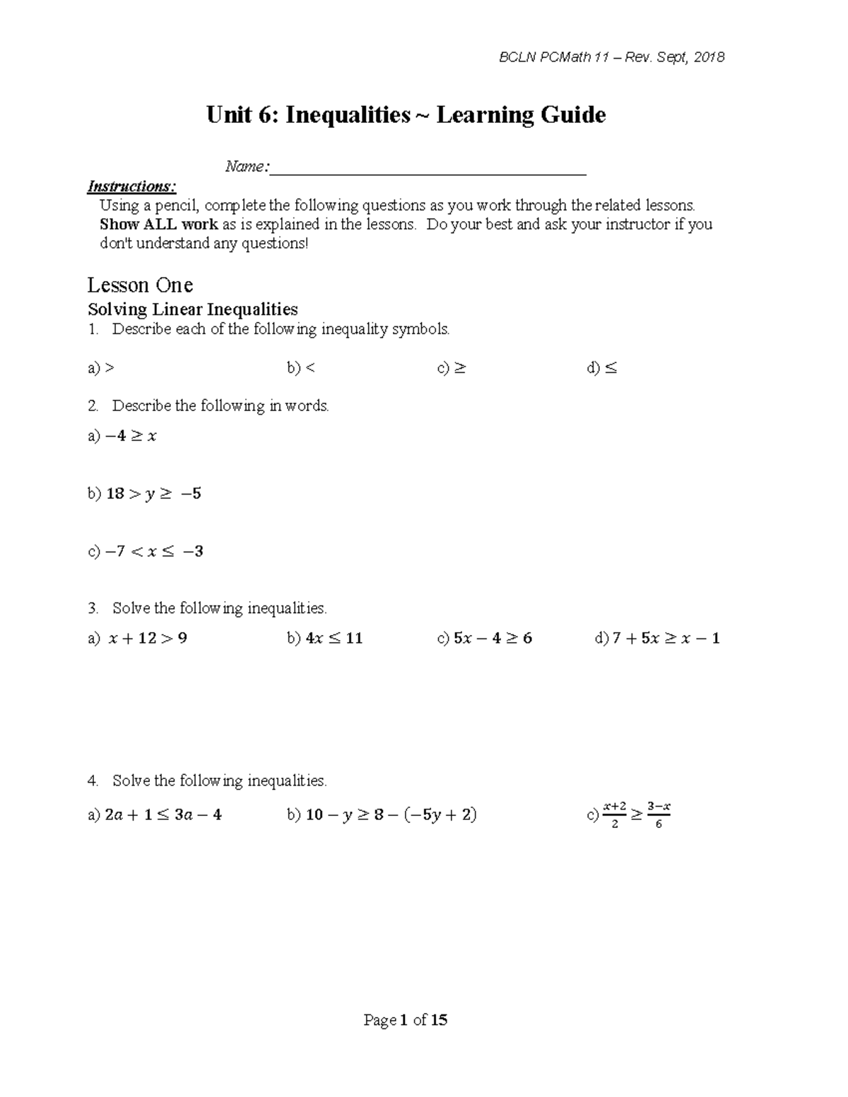 Unit 6: Inequalities Assignment - Learning Guide and Solutions - Studocu