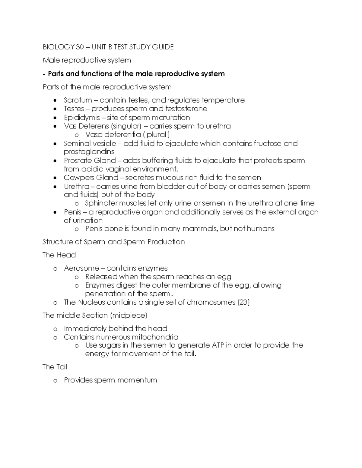 BIO 30 UNIT B - Male and Female Reproductive System Study Guide - Studocu