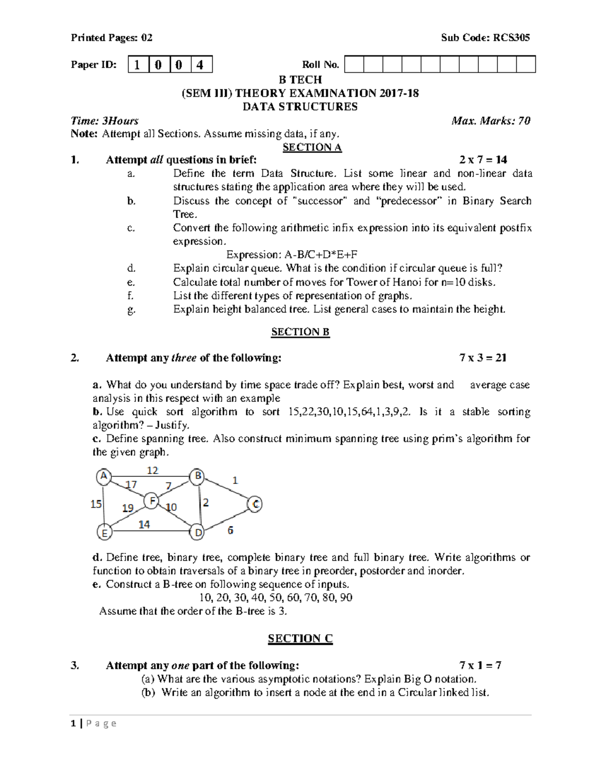 Data Structures Exam Paper: B.Tech (SEM III) PYQs 2017-2024 - Studocu