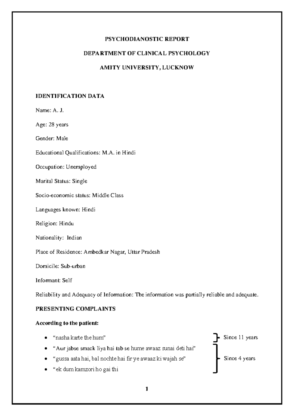 PSYCHODIAGNOSTIC REPORT: A.J. - CLINICAL PSYCHOLOGY CASE STUDY - Studocu