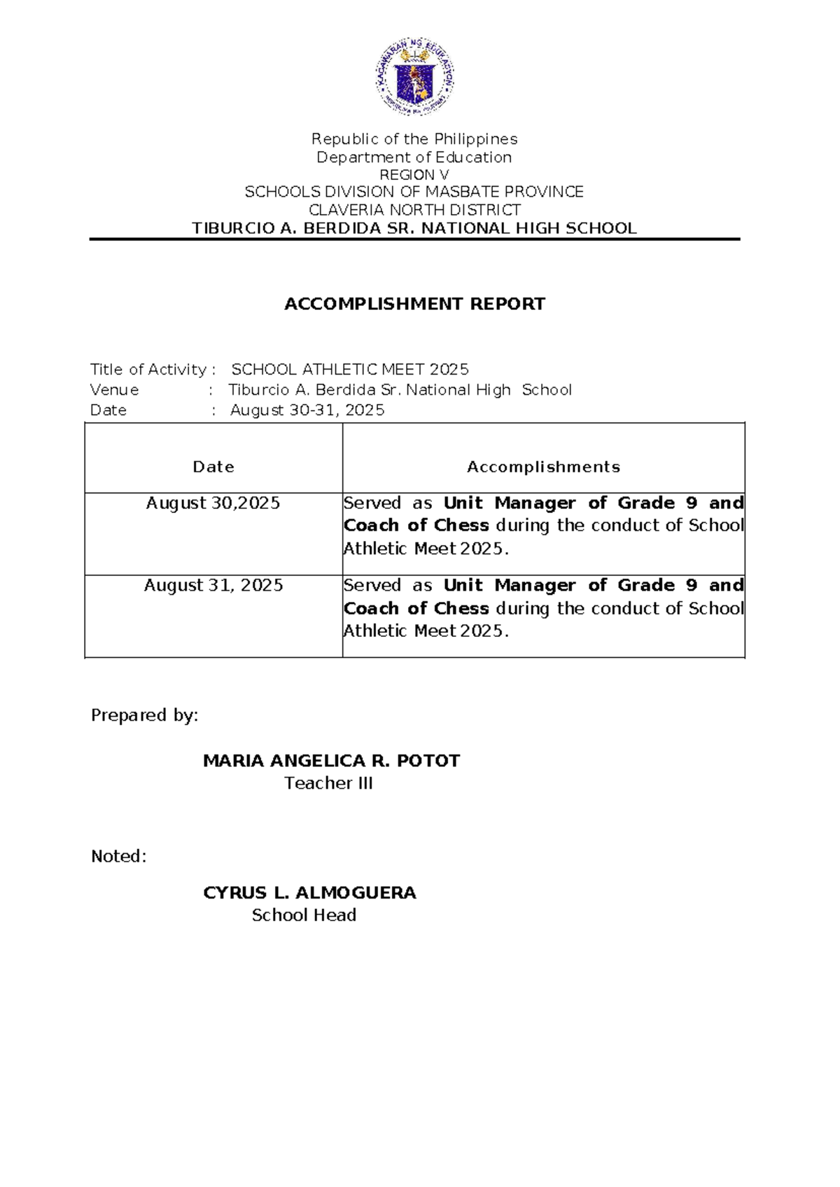 Accomplishment Report: School Athletic Meet 2025 - COC - Studocu