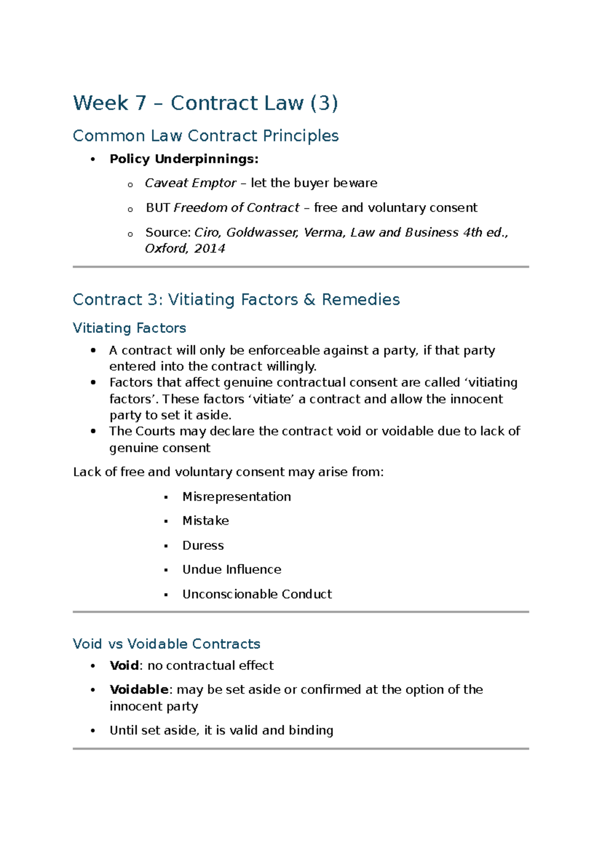 Week 7 - Contract Law (LAWS1100) Common Law Principles & Vitiating ...