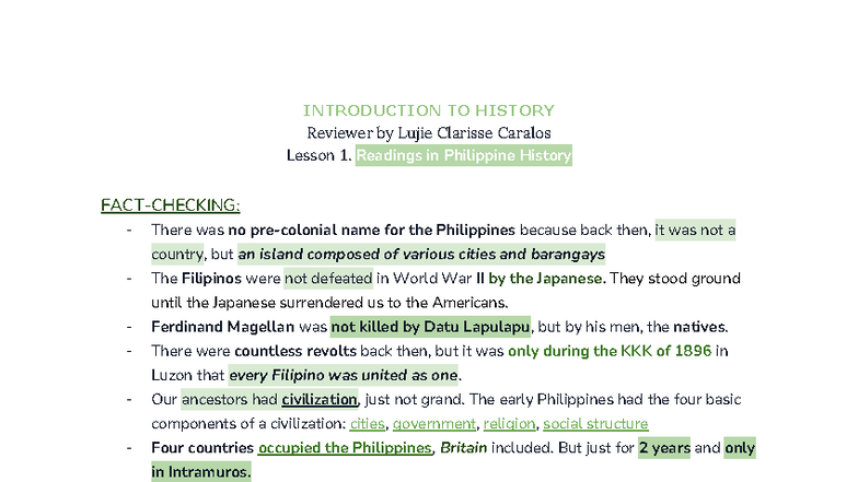 HIST 101: Introduction to History Lesson 1 Reviewer by Lujie Clarisse ...