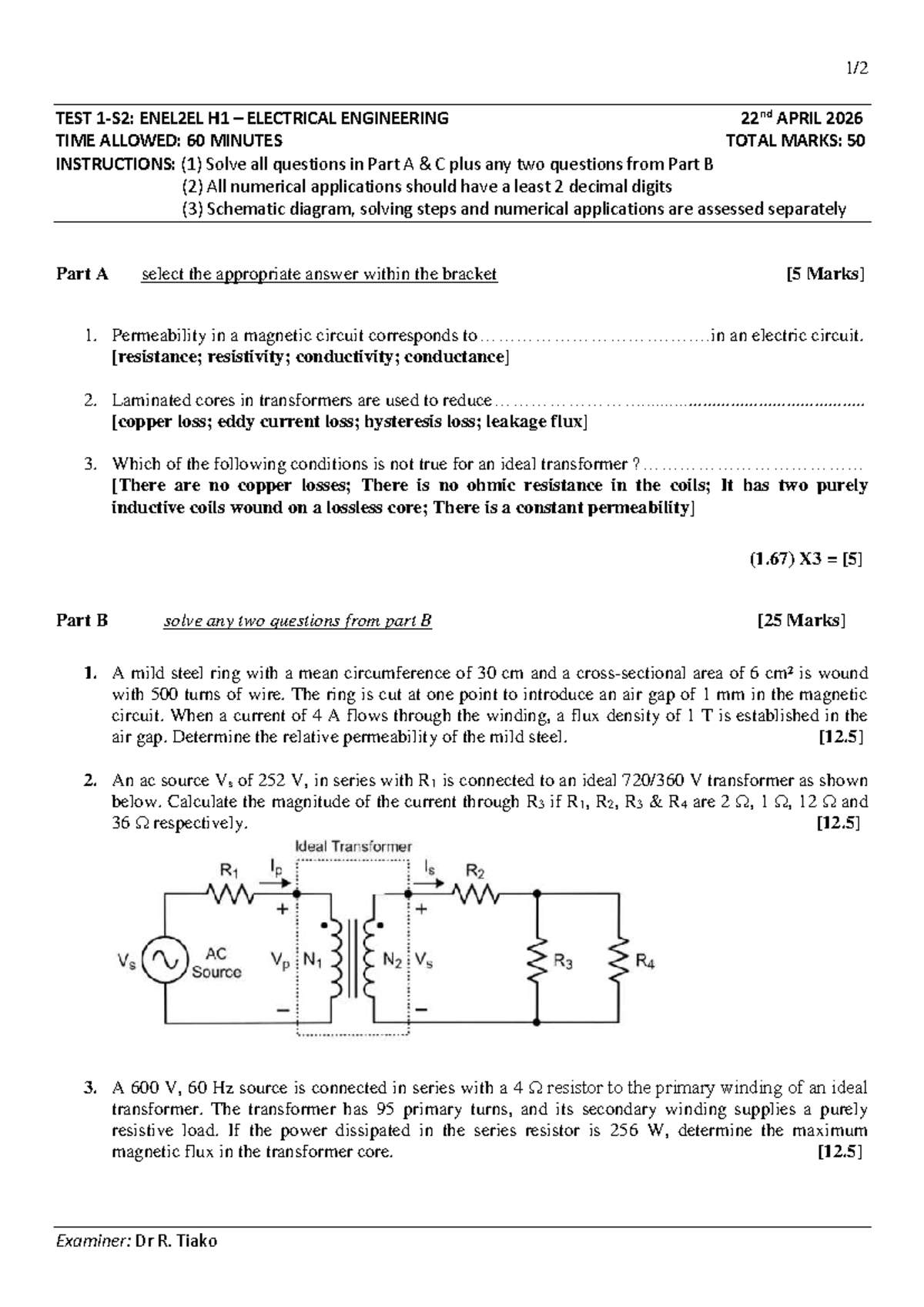 ENEL2EL H1 Electrical Engineering Test Memo - April 2026 - Studocu