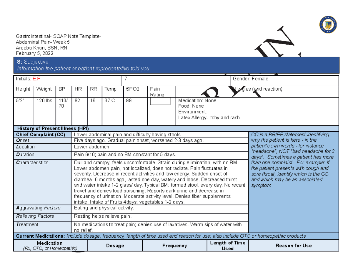 NR 509 SOAP Notes for Abdominal Pain - Week 5 Assessment - Studocu