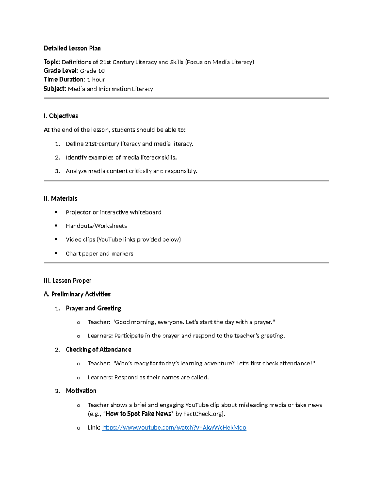 Detailed Lesson Plan - Detailed Lesson Plan Topic: Definitions of 21st ...