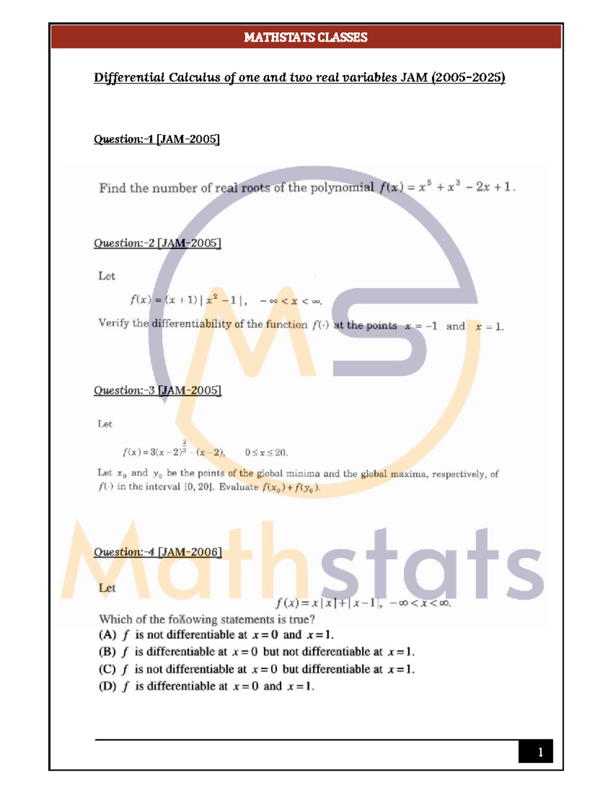 MATHSTATS CLASSES Differential Calculus of Real Variables JAM 2005-2025 ...