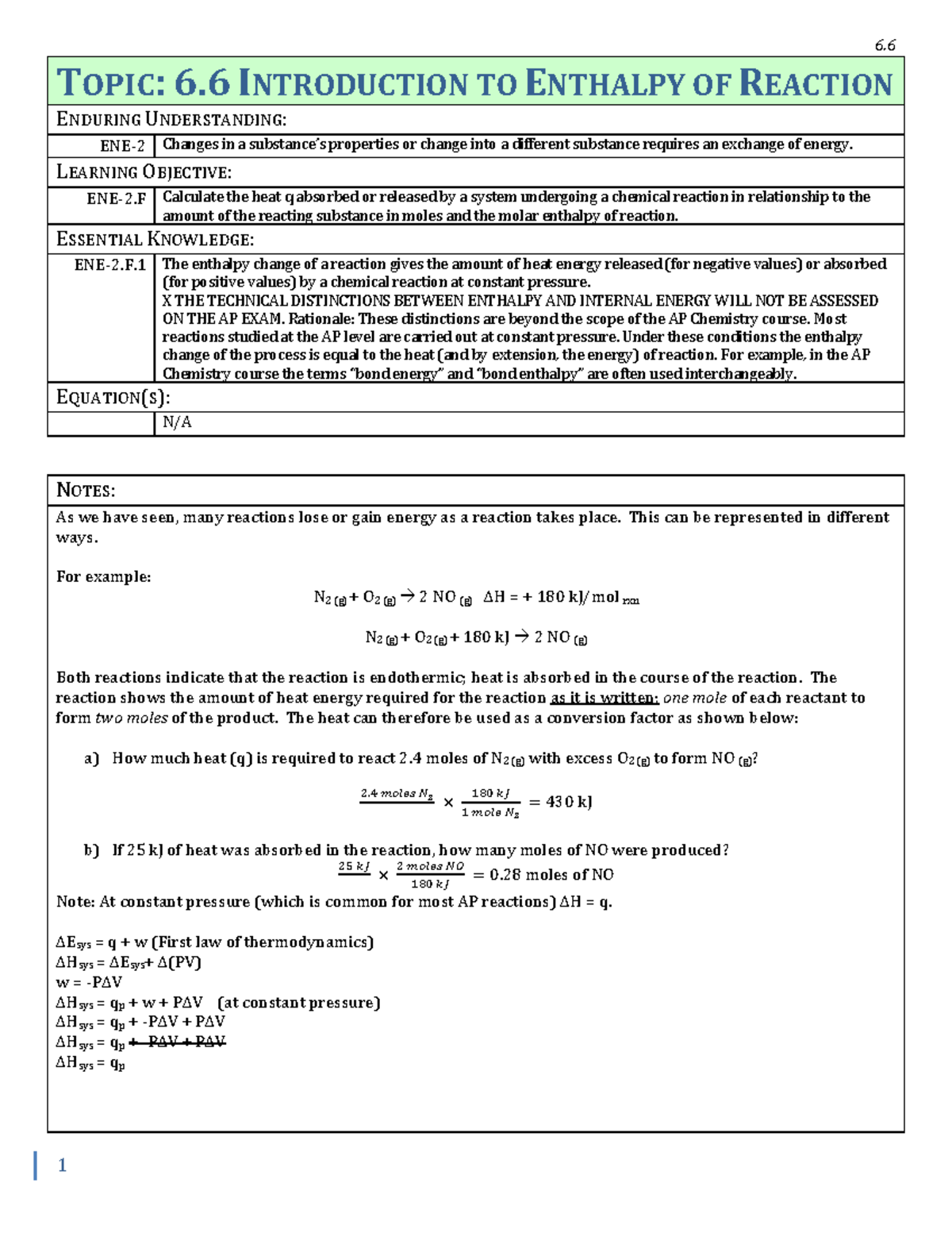 6.6 Intro to Enthalpy of Reaction - AP Chemistry Study Notes - Studocu
