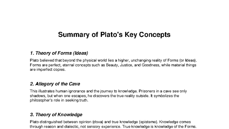 Plato Concepts Summary: Key Ideas and Theories Explained - Studocu
