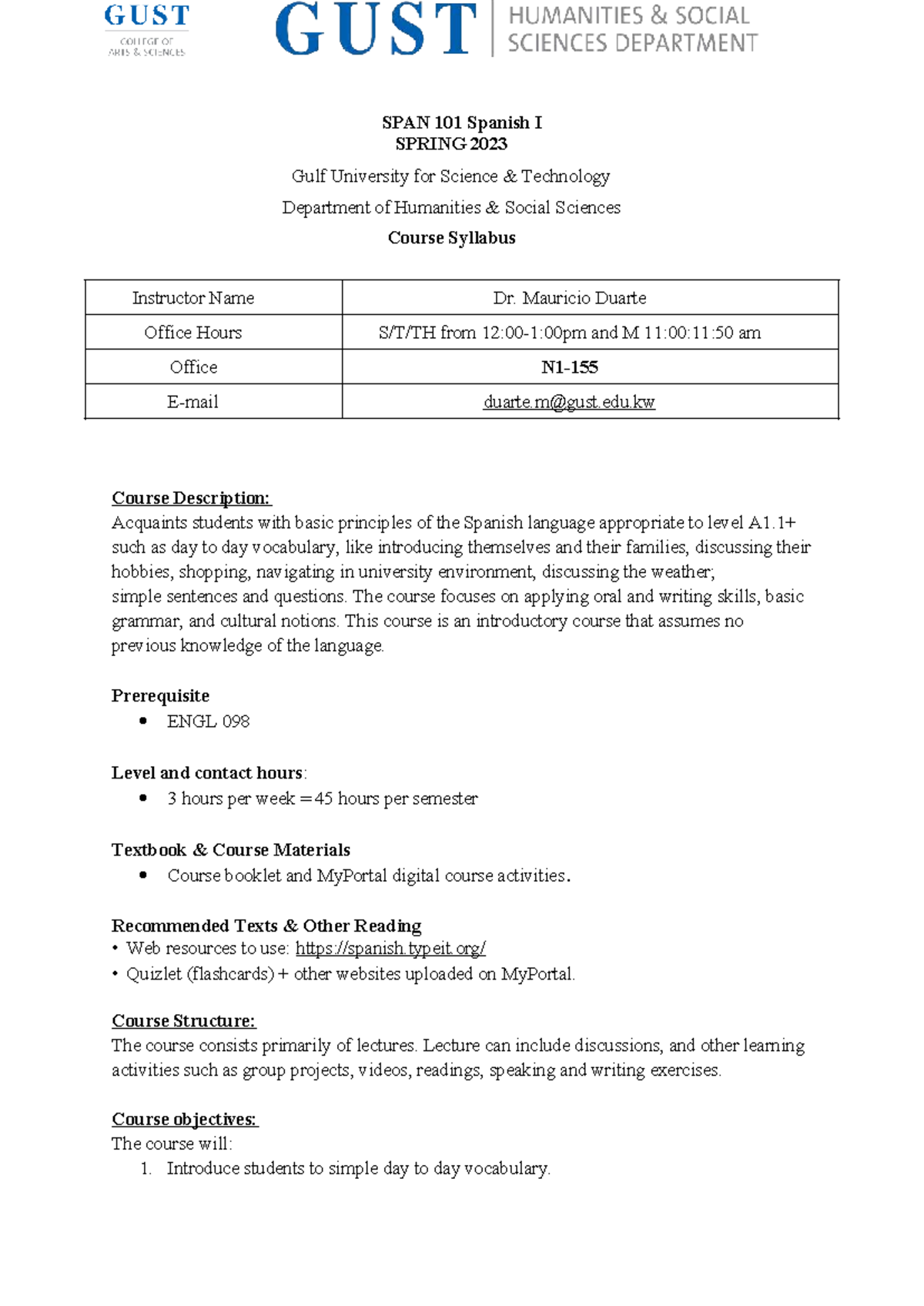 SPAN 101 Syllabus - Spanish I Spring 2023 at Gulf University - Studocu