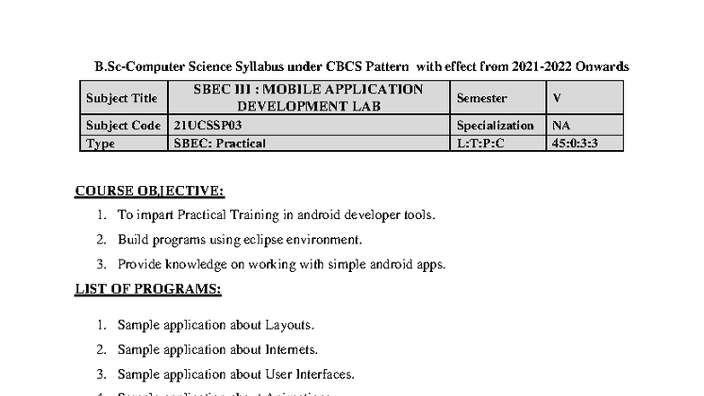 21UCSSP03 SBEC Practical Mobile App Development Lab Syllabus - Studocu