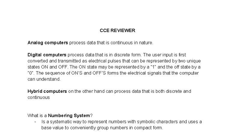 CCE Reviewer: Basics of Analog & Digital Computers and Number Systems ...