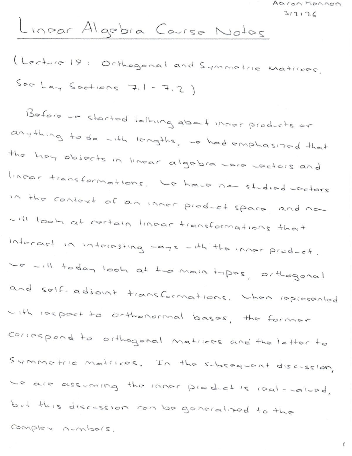 Linear Algebra Course Notes 3: Key Concepts and Definitions - Studocu