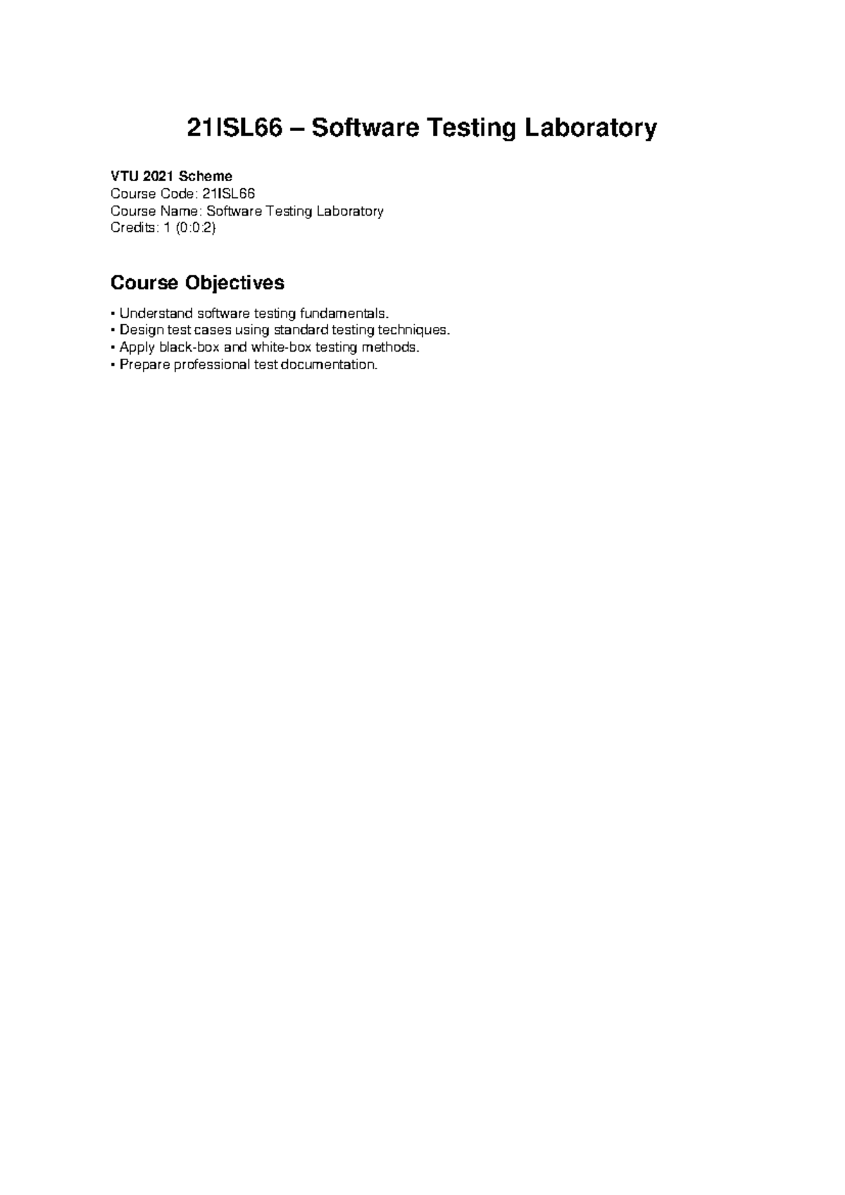 21ISL66 Software Testing Lab Manual - VTU 2021 Scheme - Studocu